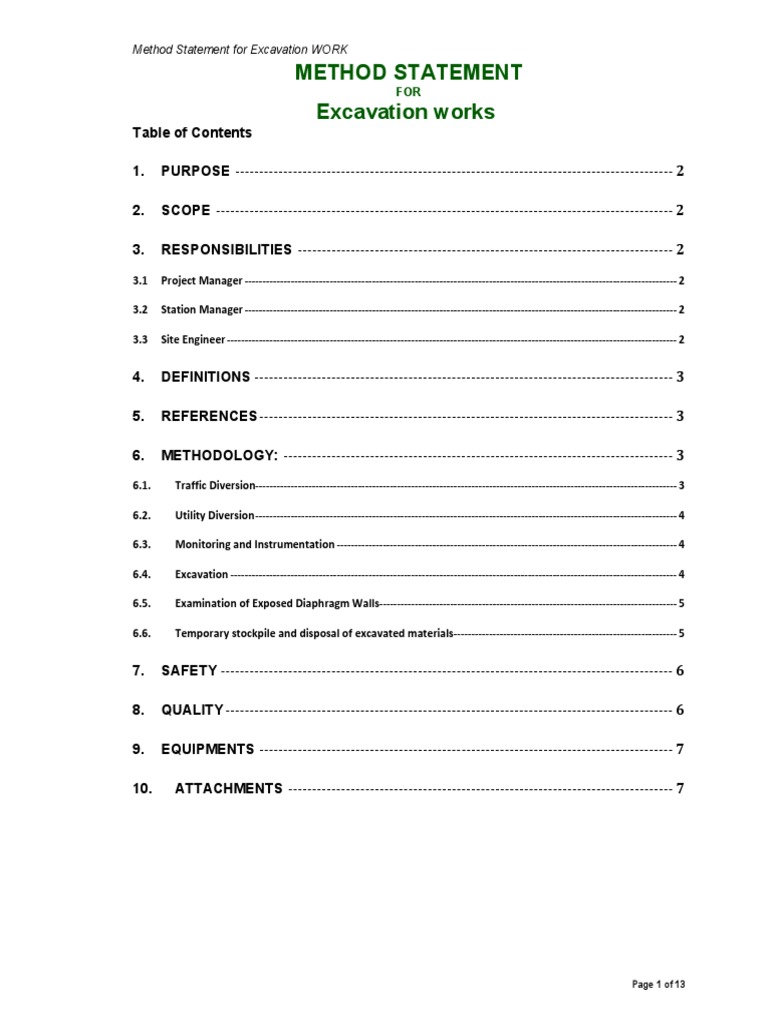 Method Statement Excavation Works: Page 1 of 13 | PDF | Deep Foundation ...