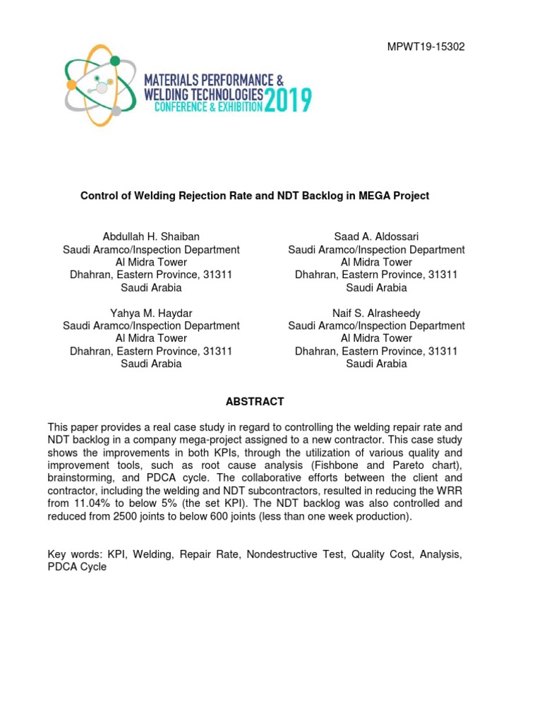 Control of Welding Rejection Rate and NDT Backlog in MEGA Project | PDF ...