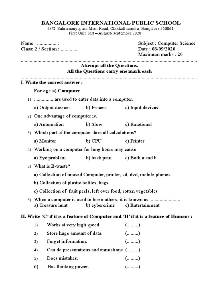 Grade2-Computer UT1 2020 PDF | PDF | Input/Output | Computing