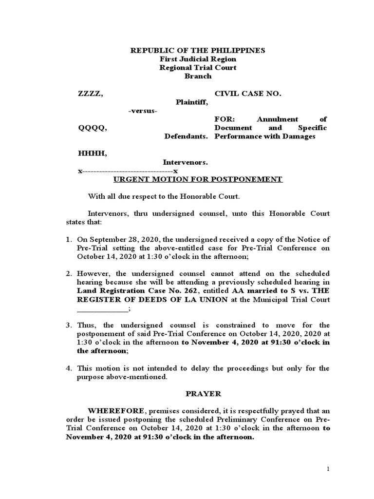 Urgent Motion For Postponement | PDF | Separation Of Powers | Lawsuit