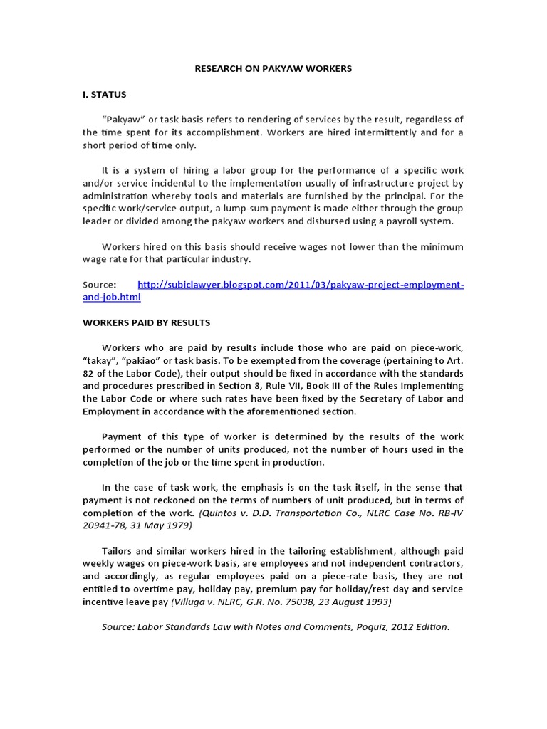 Research On Pakyaw Workers | PDF | Piece Work | Employment