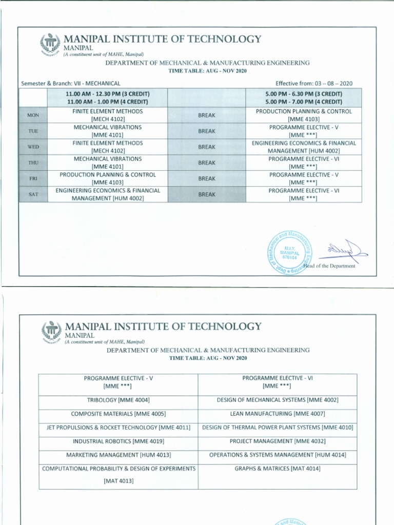 VII Sem B.Tech Mech & IP Time-Table | PDF | Engineering | Industries