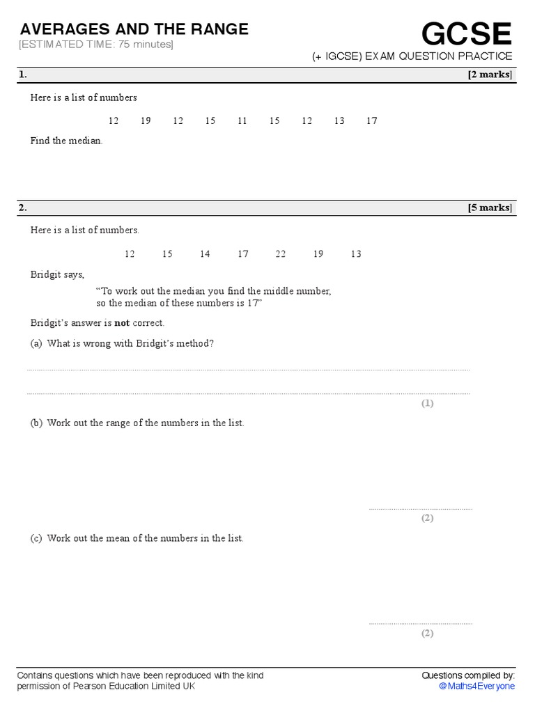 Averages and The Range PDF | PDF | Mean | Area