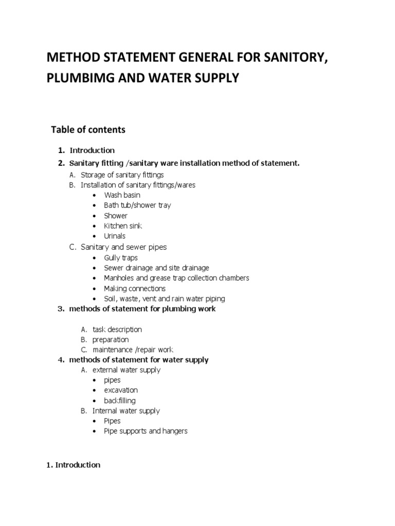 Method Statement For Sanitory, Plumbing and Water Supply | PDF ...