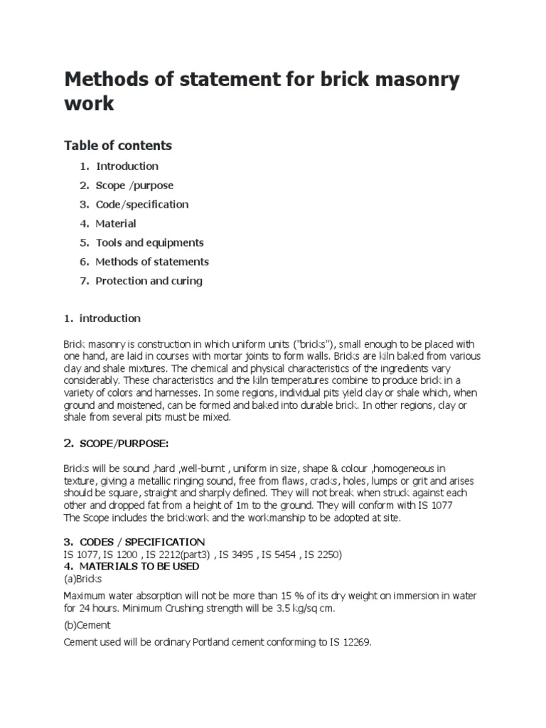 Work Method Statement For Brick | PDF | Brick | Masonry