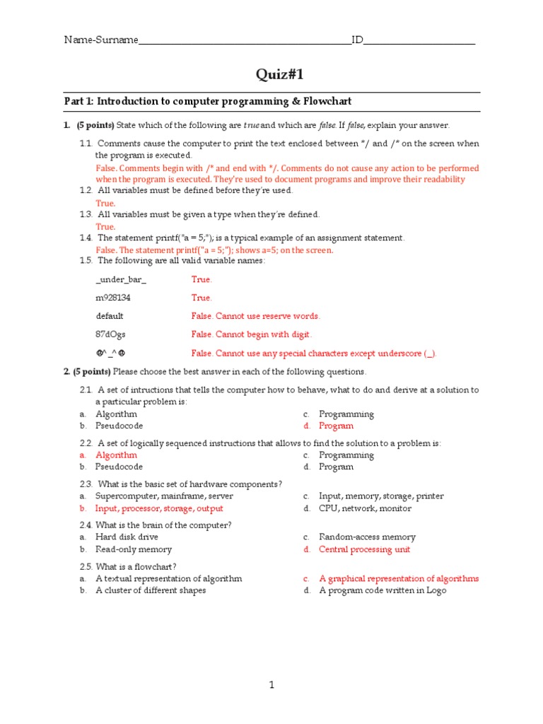 Quiz1 Part 1 Introduction To Computer Programming And Flowchart Pdf Integer Computer 2273