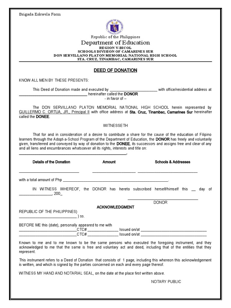DEED OF DONATION-Brigada Eskwela | PDF | Real Property Law | Real ...