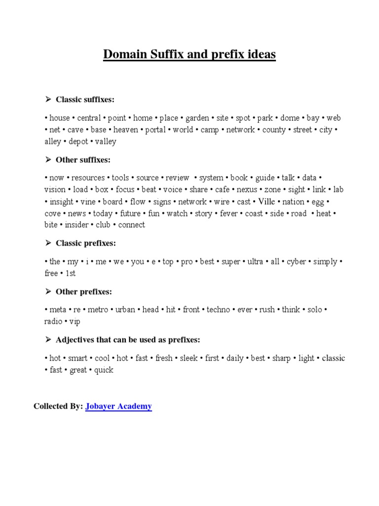 Domain Name Ideas for Suffixes and Prefixes | PDF