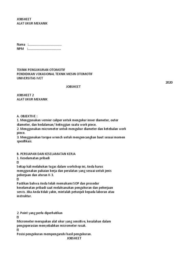 Job Sheet 2 Alat Ukur Mekanik | PDF