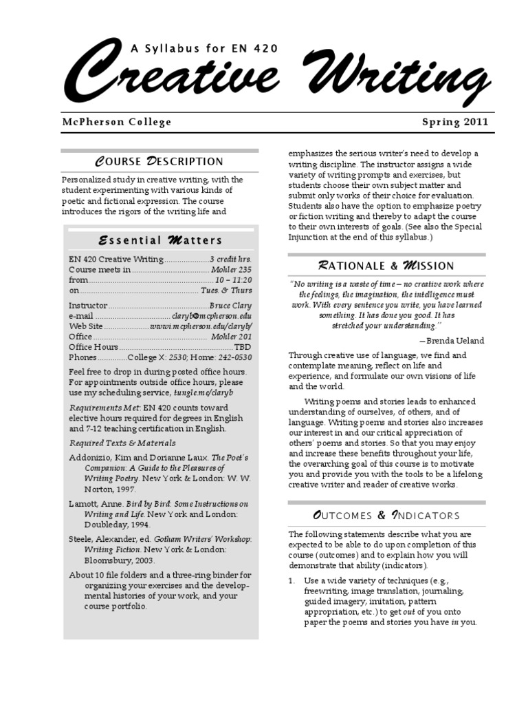 Creative Writing Course Syllabus | PDF | Negotiation | Poetry