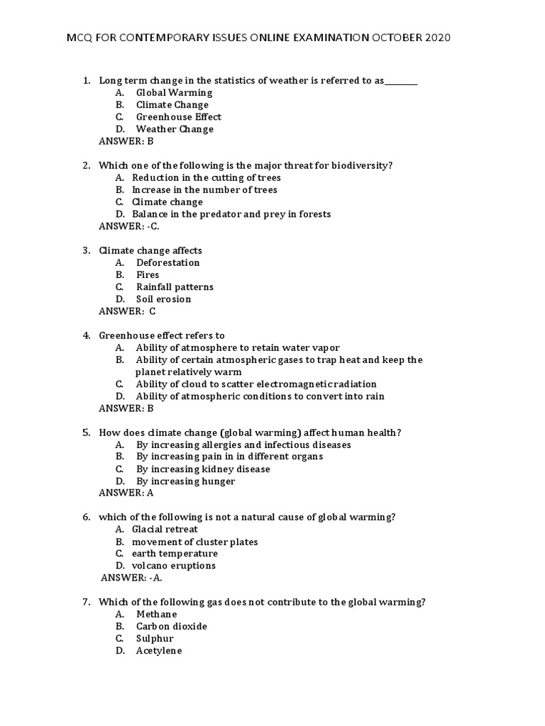 Global Warming MCQs and Answers | PDF | Global Warming | Greenhouse Gas