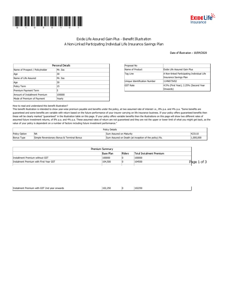 Exide Life Assured Gain Plus Overview | PDF | Life Insurance | Insurance