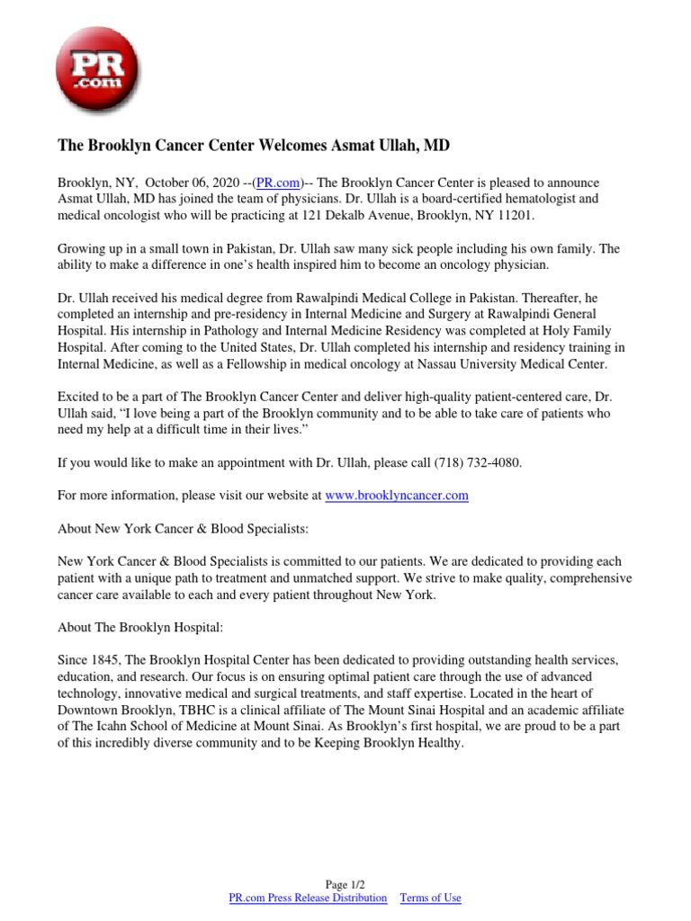 The Brooklyn Cancer Center Welcomes Asmat Ullah, MD | PDF | Doctor Of Medicine | Hospital