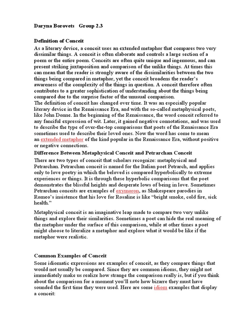 Daryna Borovets Group 2.3 Definition of Conceit: Extended Metaphor ...