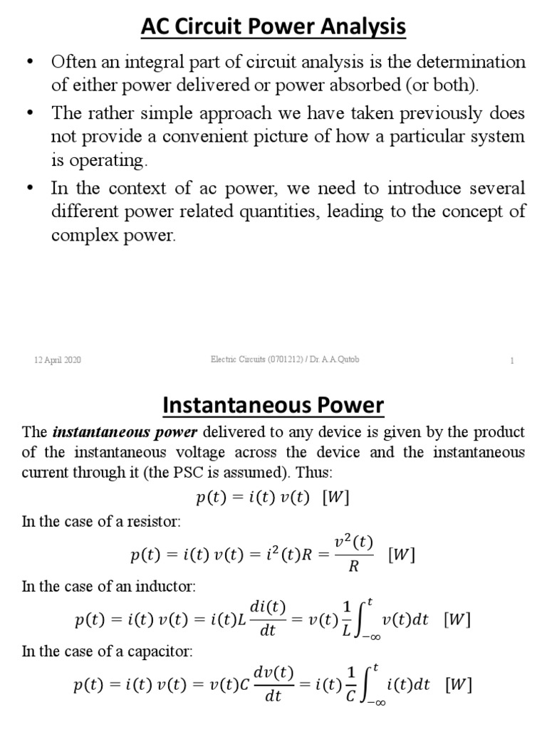 AC Circuit Power Analysis: 1 Electric Circuits (0701212) / Dr. A.A ...