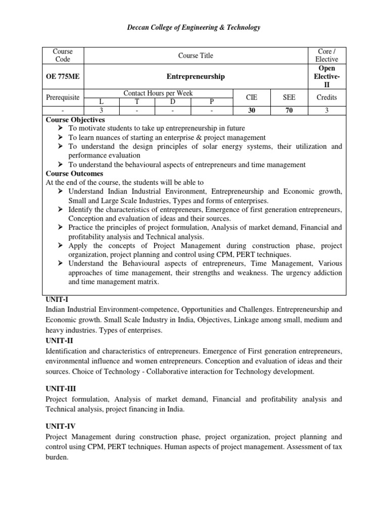 Entrepreneurship Syllabus (DCET) | PDF | Entrepreneurship | Project ...