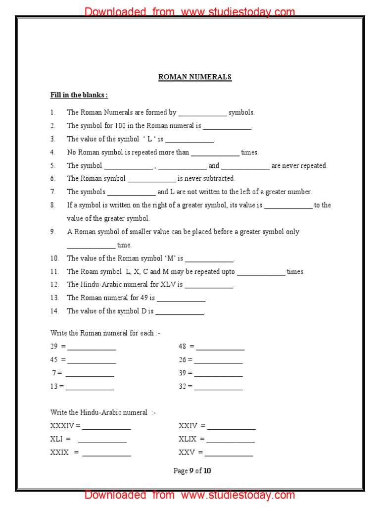 Roman Numerals Worksheet for Class 4 | PDF