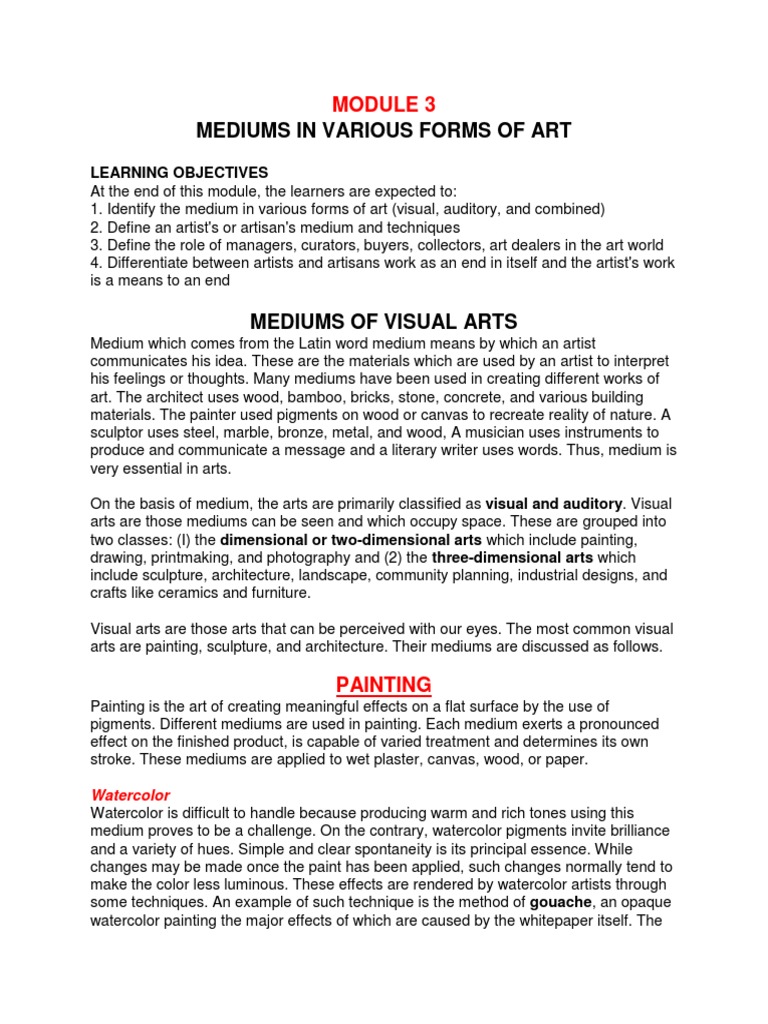 Mediums in Various Forms of Art: Learning Objectives | PDF | Oil ...