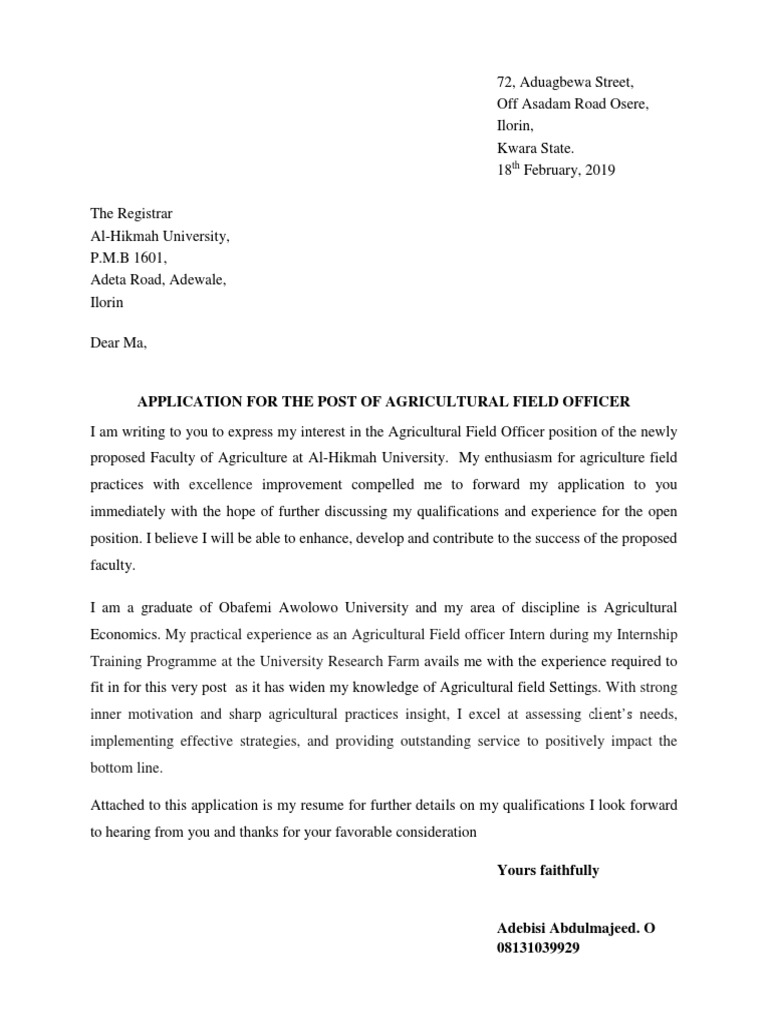 Application For The Post of Agricultural Field Officer | PDF