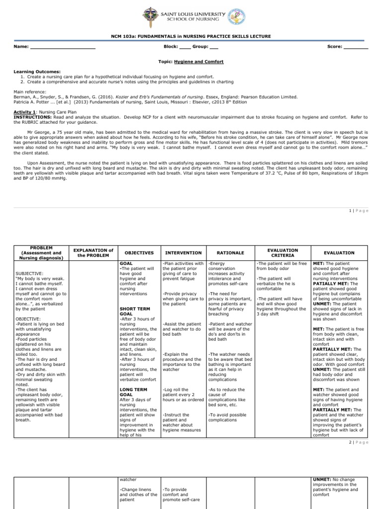 Hygiene and Comfort NCP ACTIVITY 2 | PDF | Hygiene | Patient