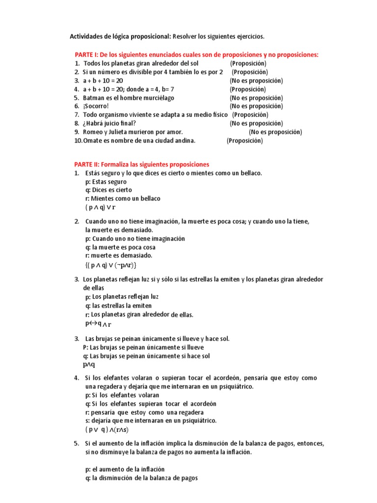 Ejercicios Proposiciones | PDF | Proposición | Expresiones lógicas
