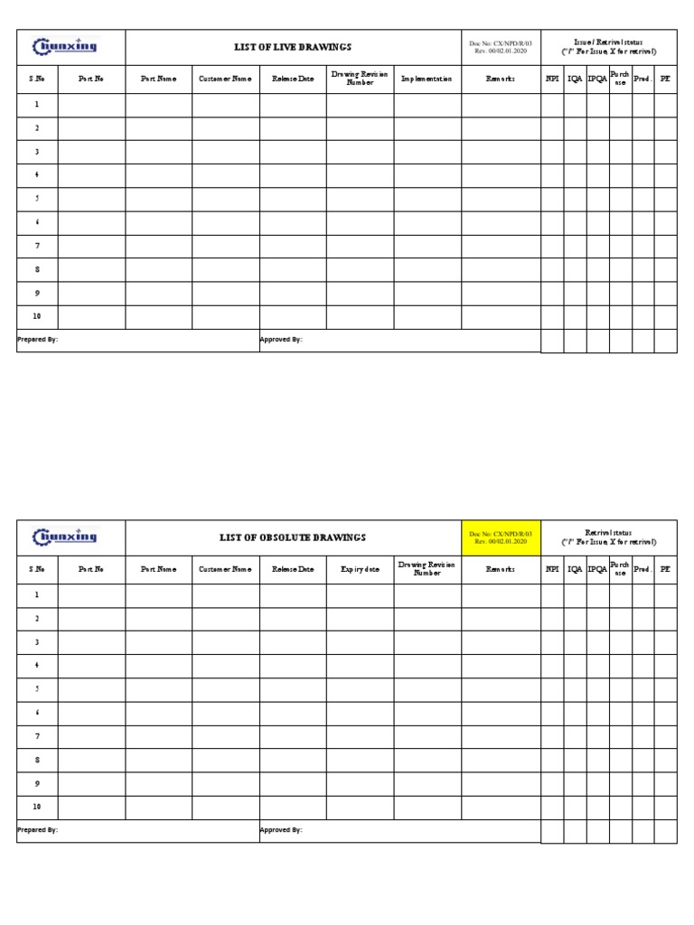List of Live Drawings: Issue / Retrival Status ("/" For Issue, X For ...