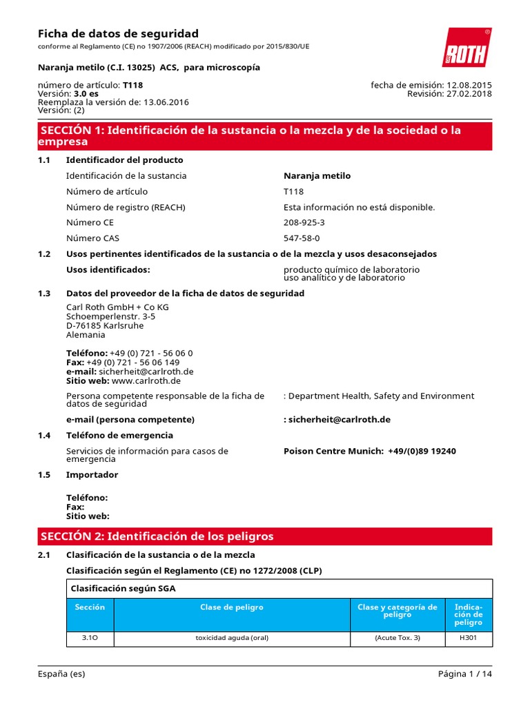 Ficha de Seguridad Naranja Metilo | PDF | Toxicidad | Residuos