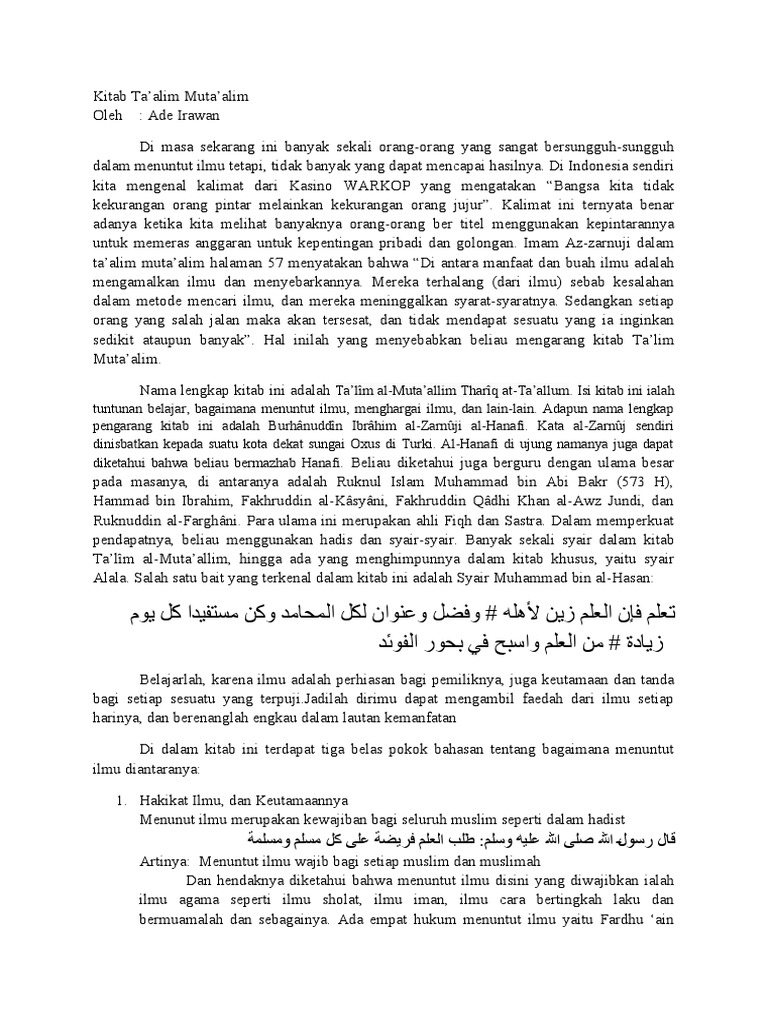 Kitab Ta'alim Muta'alim - Ade Irawan | PDF