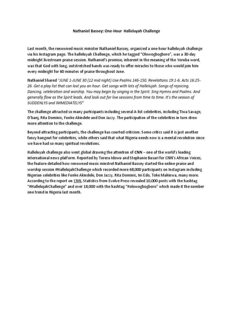Nathaniel Bassey: One-Hour Halleluyah Challenge | PDF | Entertainment ...