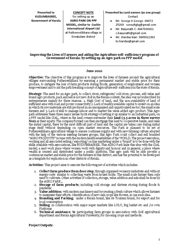 AGRO PARK Concept Note Kudumbasree | PDF | Public–Private Partnership ...
