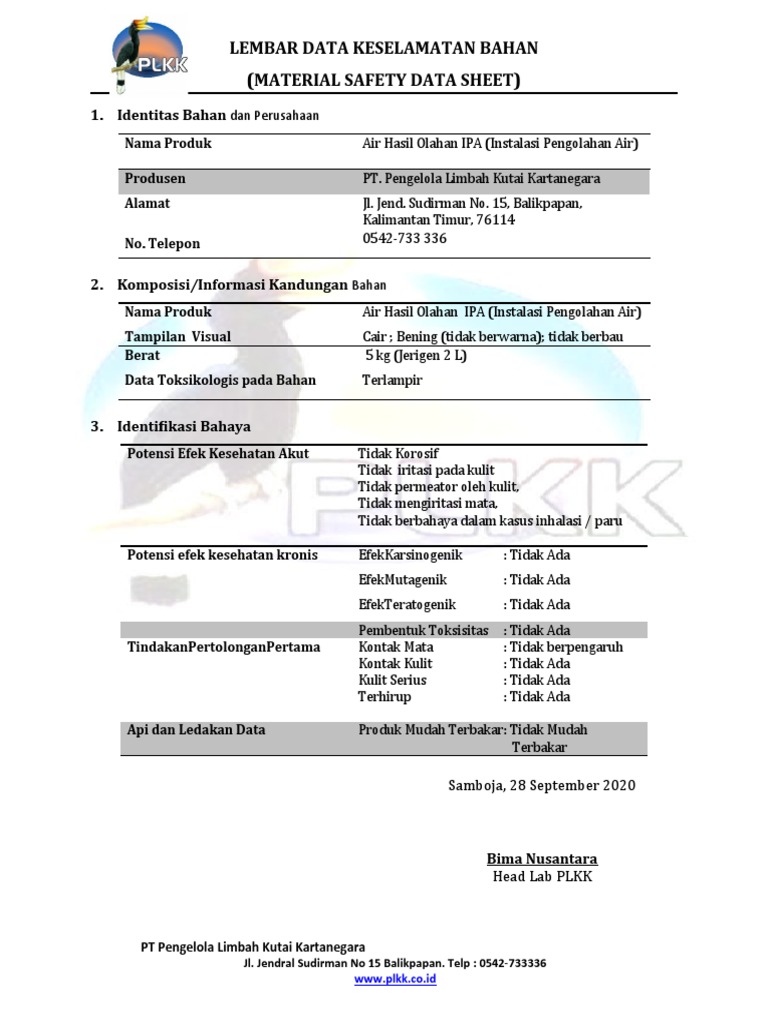MSDS Air Olahan WWTP | PDF