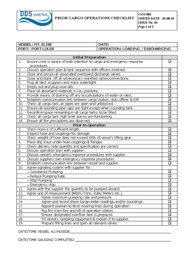 Cargo Operations Checklist | PDF | Pump | Manufactured Goods