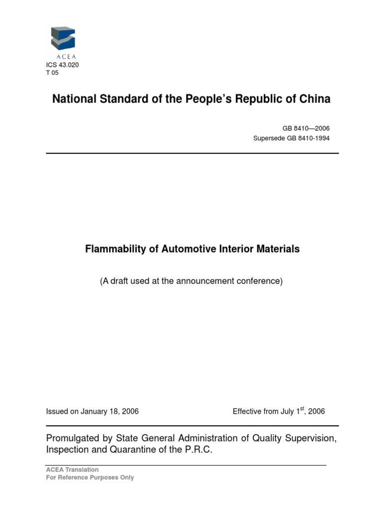 GB 8410-2006 Flammability of Automotive Interior Materials | PDF ...