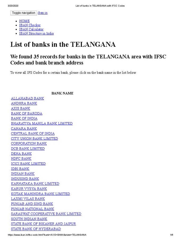 List of Banks in TELANGANA With IFSC Codes PDF | PDF | Institutional ...