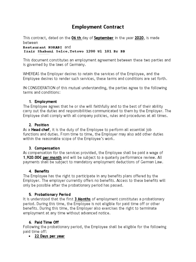 Restaurant Employment Contract in Germany | PDF | Employment | Civil ...