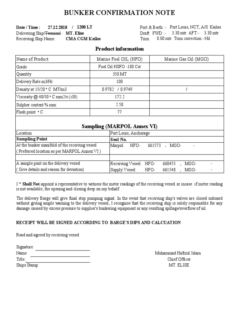 Bunker Confirmation Note: Product Information | PDF | Fuel Oil | Fuels