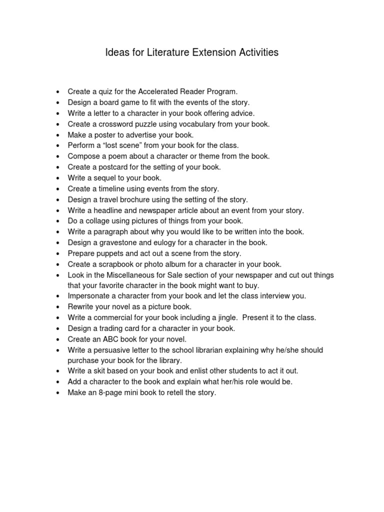 Ideas For Literature Extension Activities | PDF
