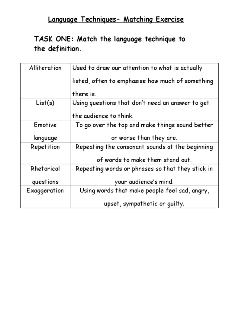 S2 Close Reading Language Techniques Match Up Activity | PDF