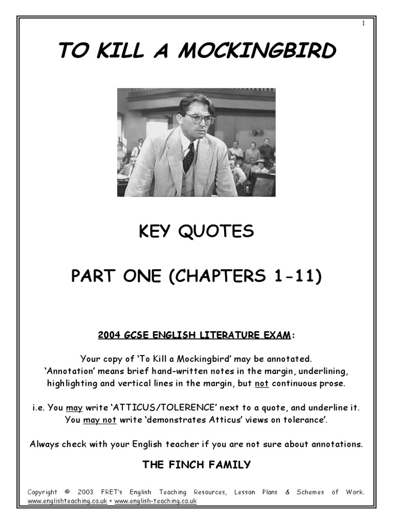 To Kill A Mockingbird: Key Quotes Part One (Chapters 1-11) | PDF | To ...
