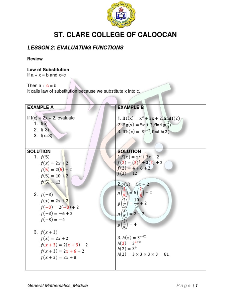 Lesson 2 - Evaluation of Function | PDF | Teaching Mathematics ...