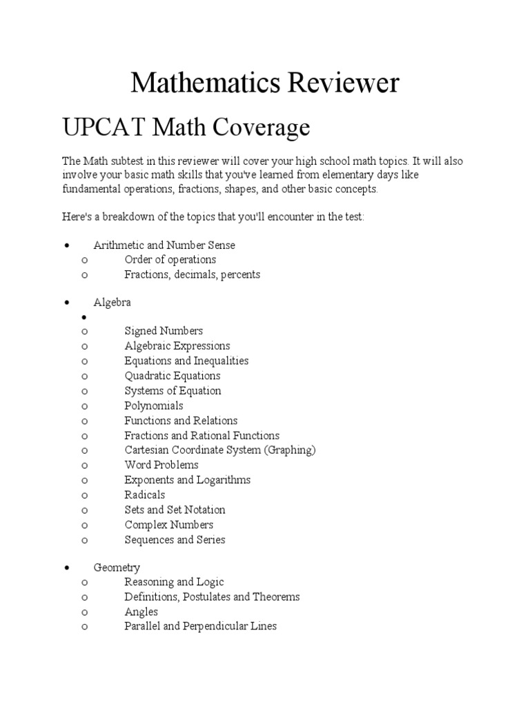 Mathematics Reviewer: UPCAT Math Coverage | PDF | Reading Comprehension ...