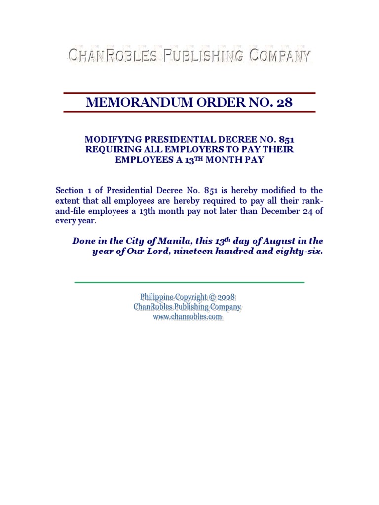 Memorandum Order No. 28 (PD 851) PDF | PDF