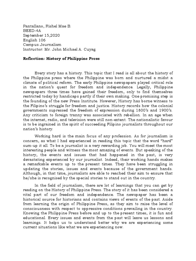 Reflection - History of Philippine Press | PDF | Philippines | Journalism