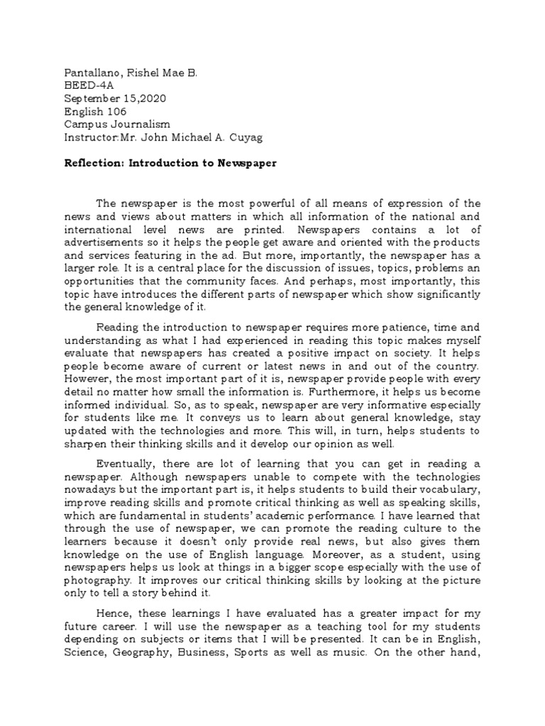 Reflection - Introduction To Newspaper | PDF | Newspapers | News