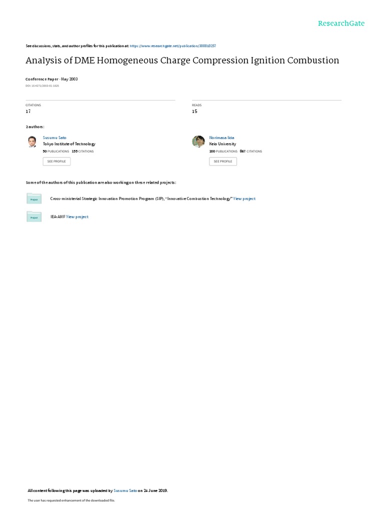 Analysis of DME HCCI Combustion 20030236 - Ssato - Final - 030319 | PDF | Combustion | Physical ...