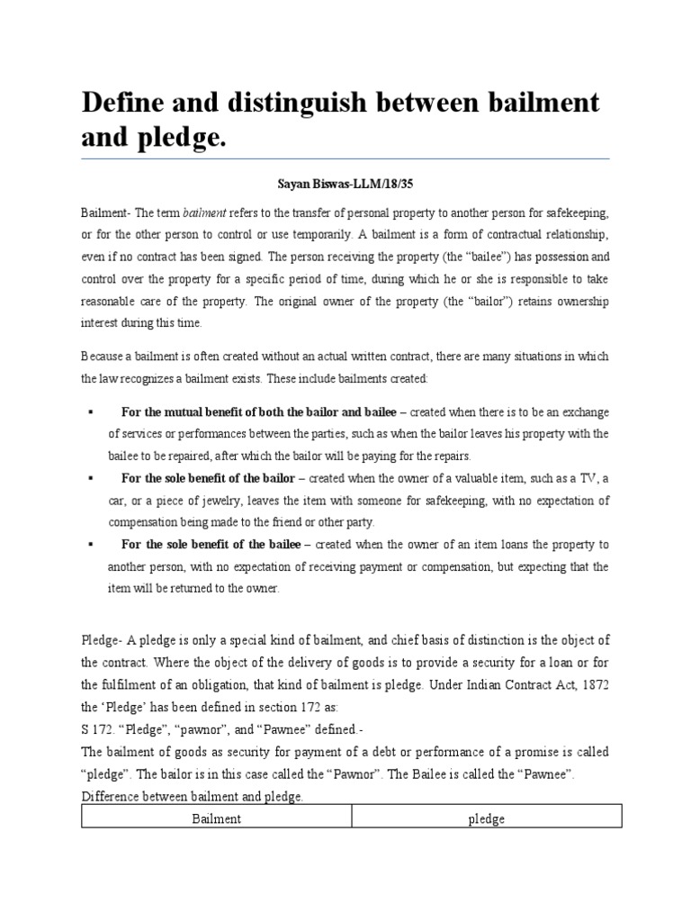 Define and Distinguish Between Bailment and Pledge | PDF | Property ...