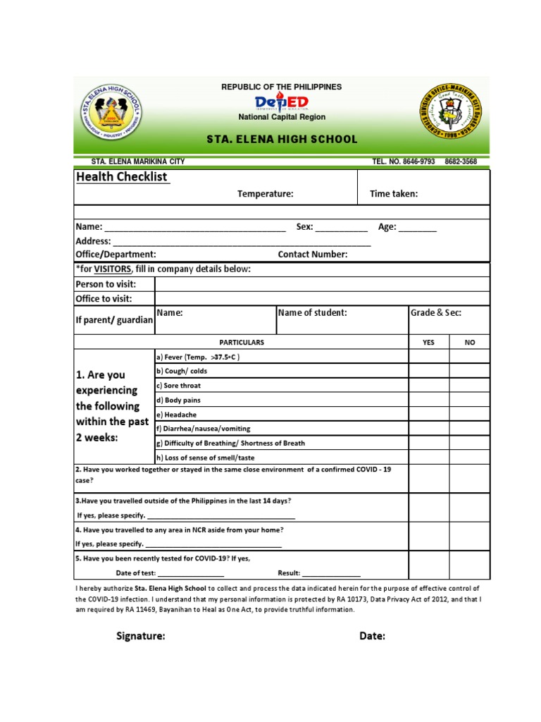 Health Checklist: Sta. Elena High School | PDF