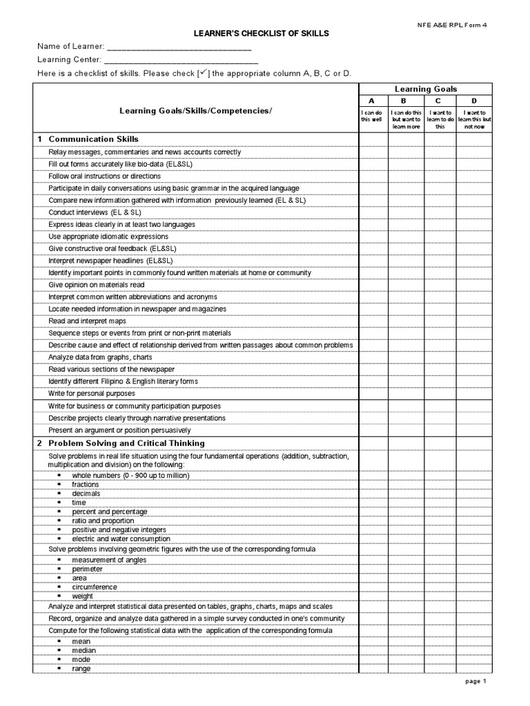 Learning Goals: Learner'S Checklist of Skills | PDF | Learning | Statistics