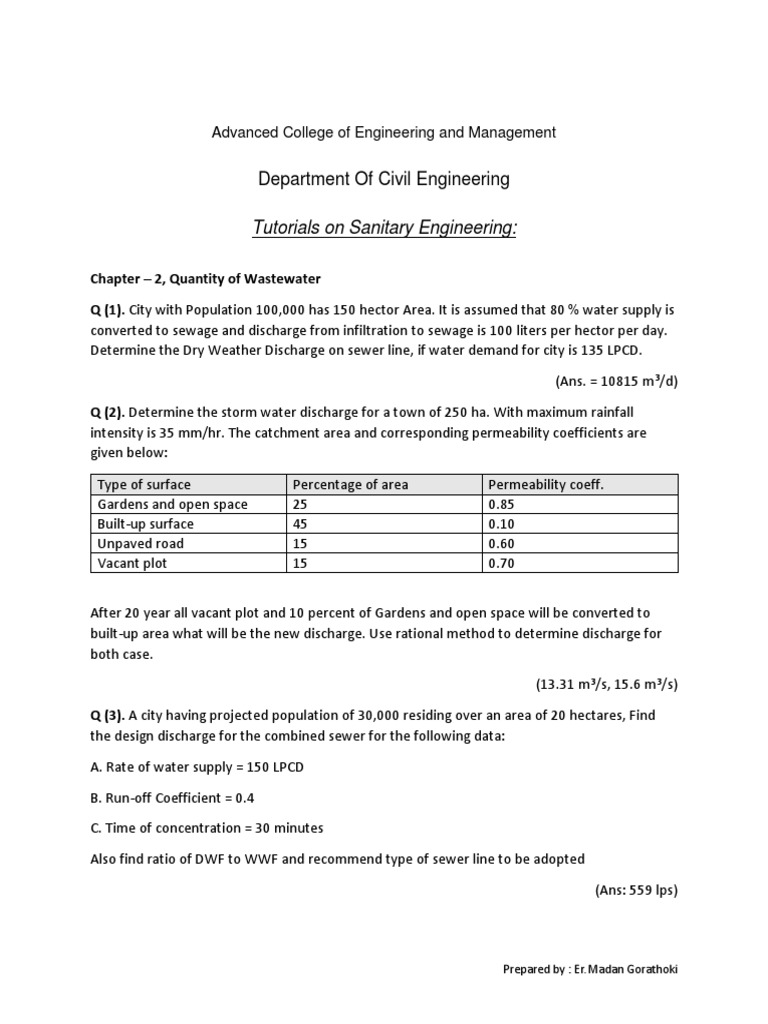 Tutorials On Sanitary Engineering-1 | PDF | Sewage | Surface Runoff