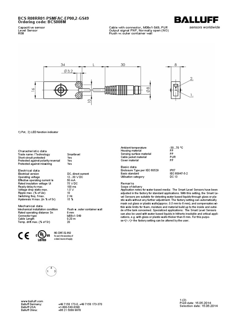 Balluff BCS008M Datasheet | PDF | Electric Power | Components